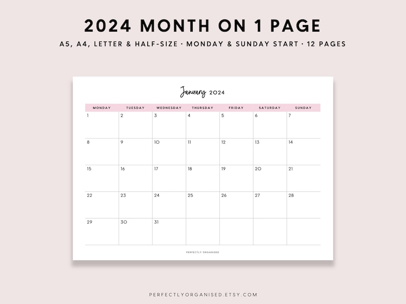 PRINTABLE 2024 Month on 1 Page 2024 Monthly Planner, 2024 Monthly ...