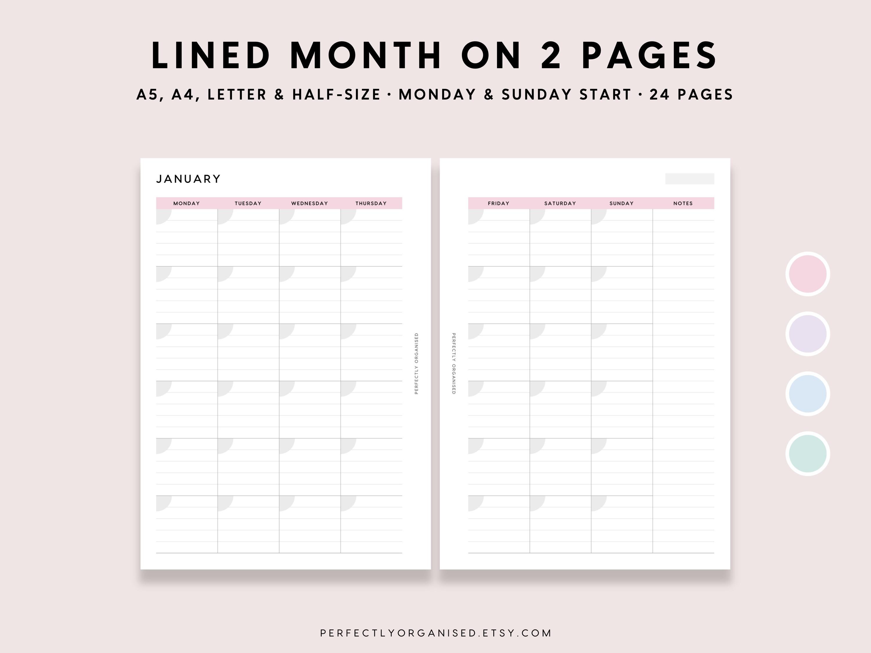 Lined Month on 2 Pages Printable: Pastel Monthly Planner Pages (A5 A4 ...
