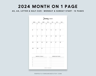 PRINTABLE 2024 Month on 1 Page 2024 Monthly Planner, 2024 Monthly ...