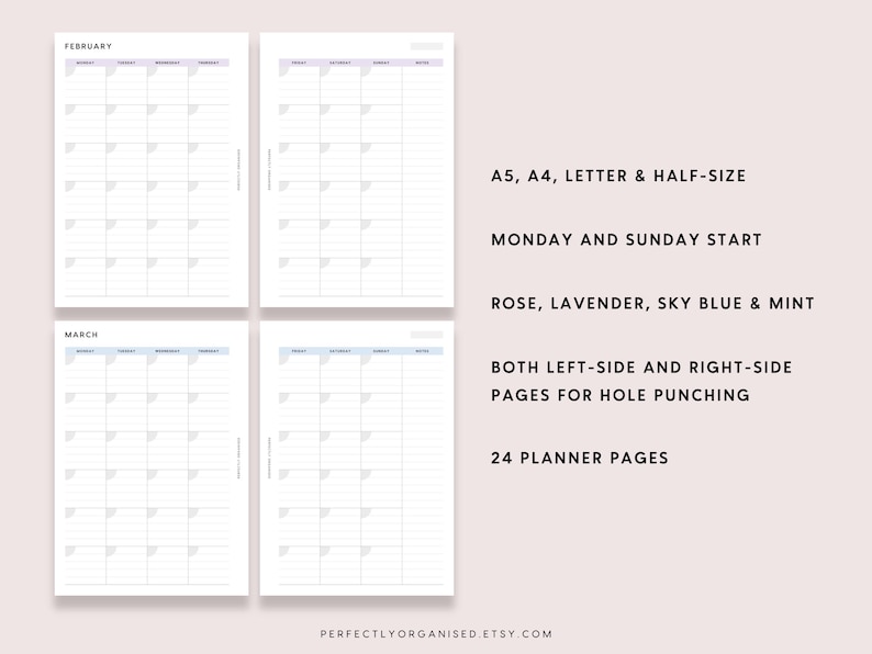 Lined Month on 2 Pages Printable: Pastel Monthly Planner Pages (A5 A4 ...