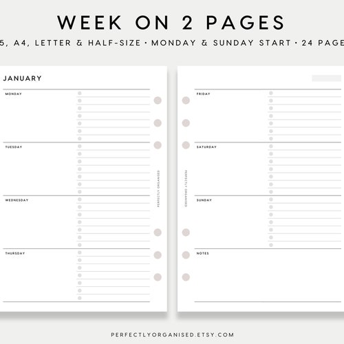 PRINTABLE Weekly Planner Insert Half Letter Horizontal Week - Etsy