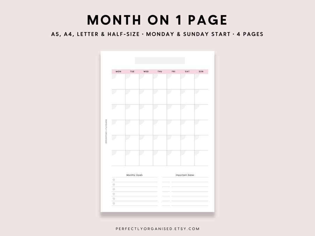 PRINTABLE Undated Month on 1 Page Undated Monthly Planner, Monthly ...