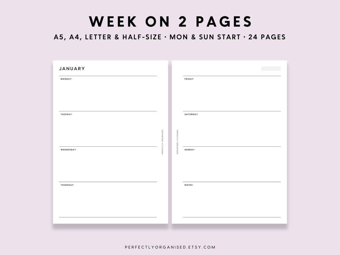 Week on 2 Pages Printable: Weekly Planner Pages (A5 A4 Letter PDF) - Etsy
