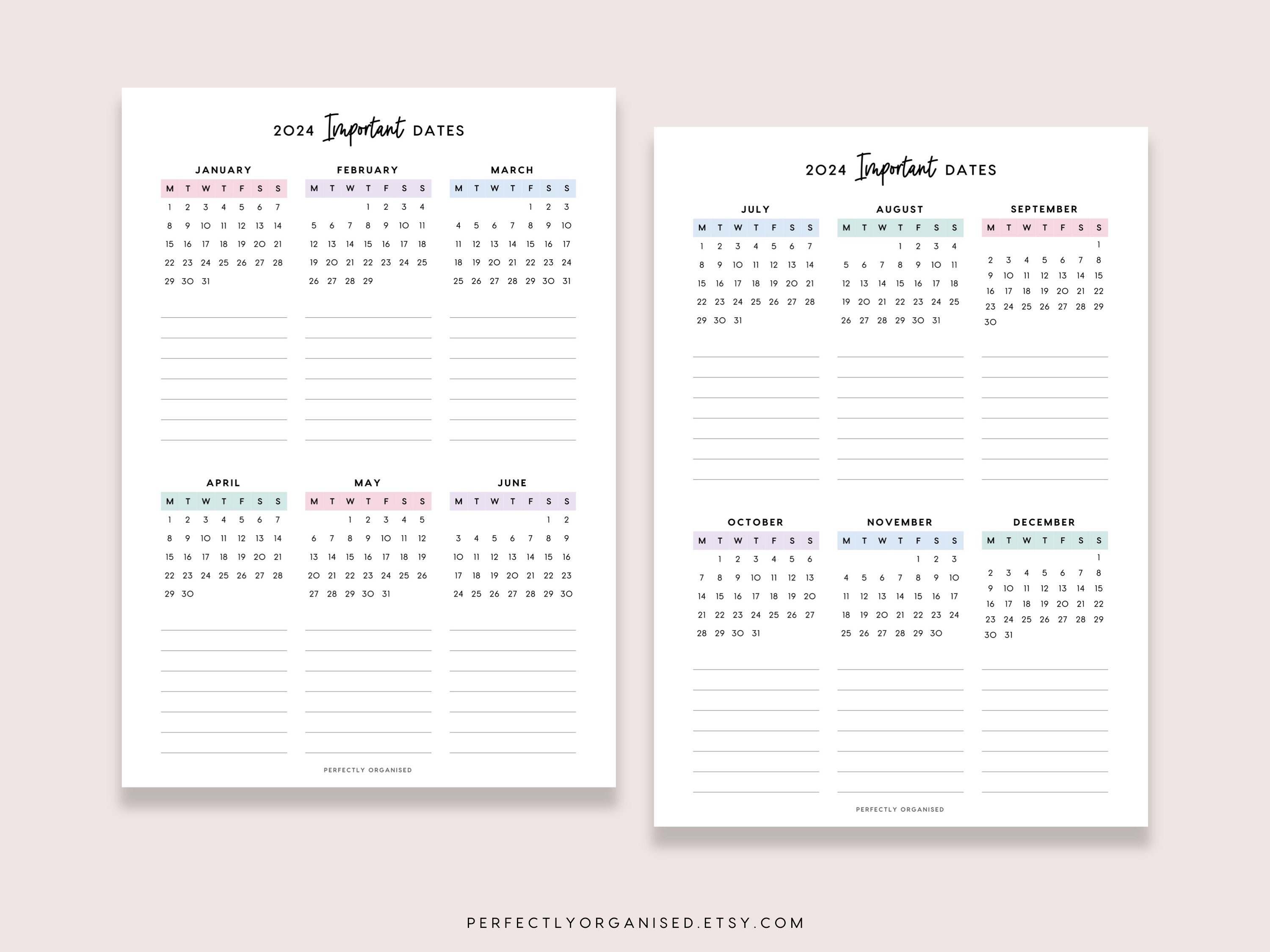 PRINTABLE 2024 Important Dates 2024 Monthly Dates Overview, 2024 ...
