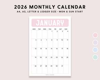 2026 Yearly Calendar Printable: Pastel Year Planner (A4 A3 Letter ...