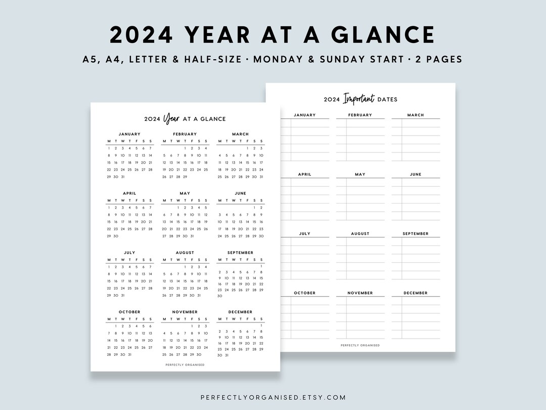 PRINTABLE 2024 Year at Glance & Important Dates 2024 Calendar, 2024 ...