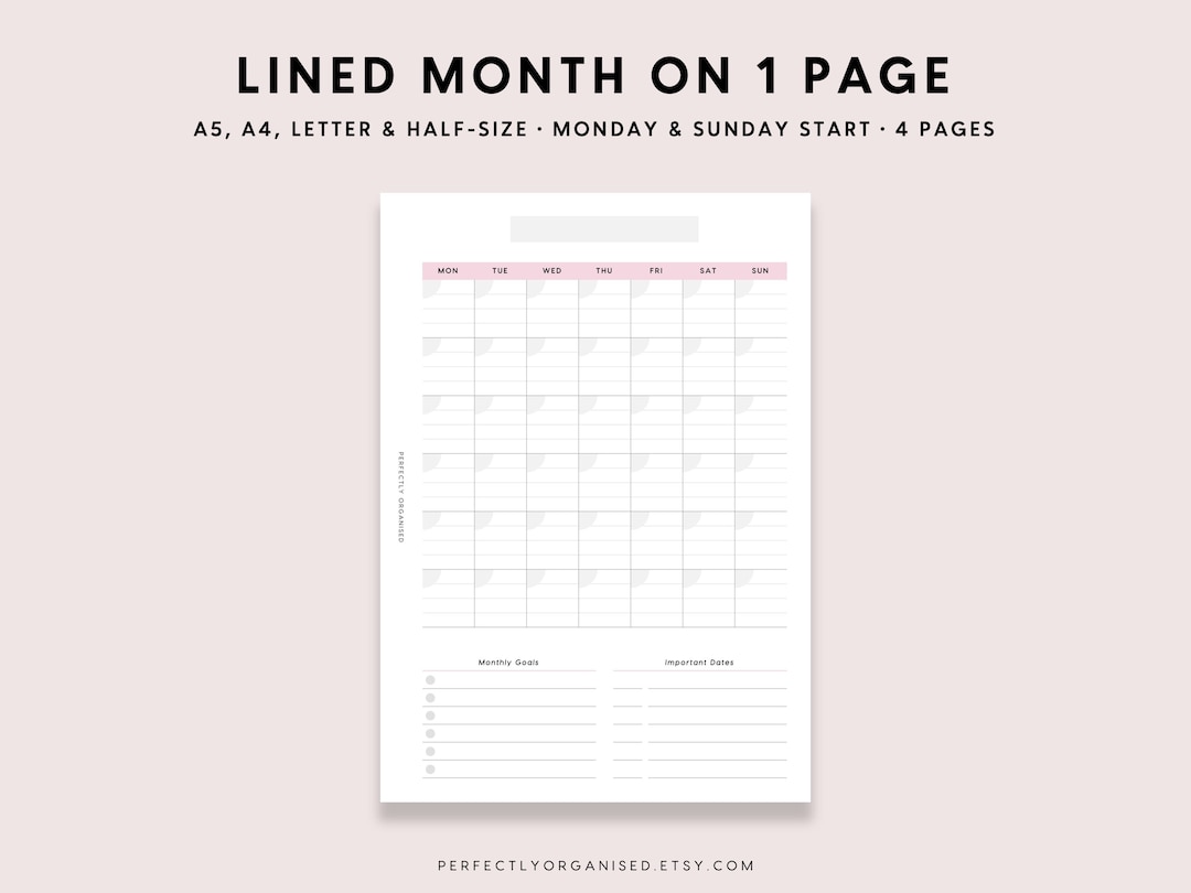 PRINTABLE Lined Month on 1 Page Undated Monthly Planner, Monthly ...