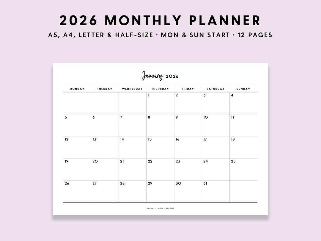 2026 Monthly Planner Printable: Horizontal Month on 1 Page (A5 A4 ...