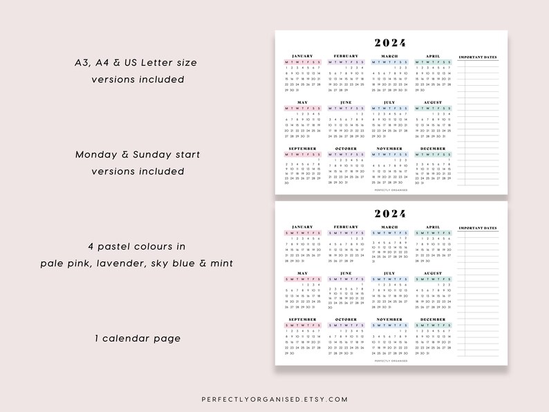 PRINTABLE 2024 Yearly Calendar 2024 Wall Calendar Printable, 2024 Desk ...