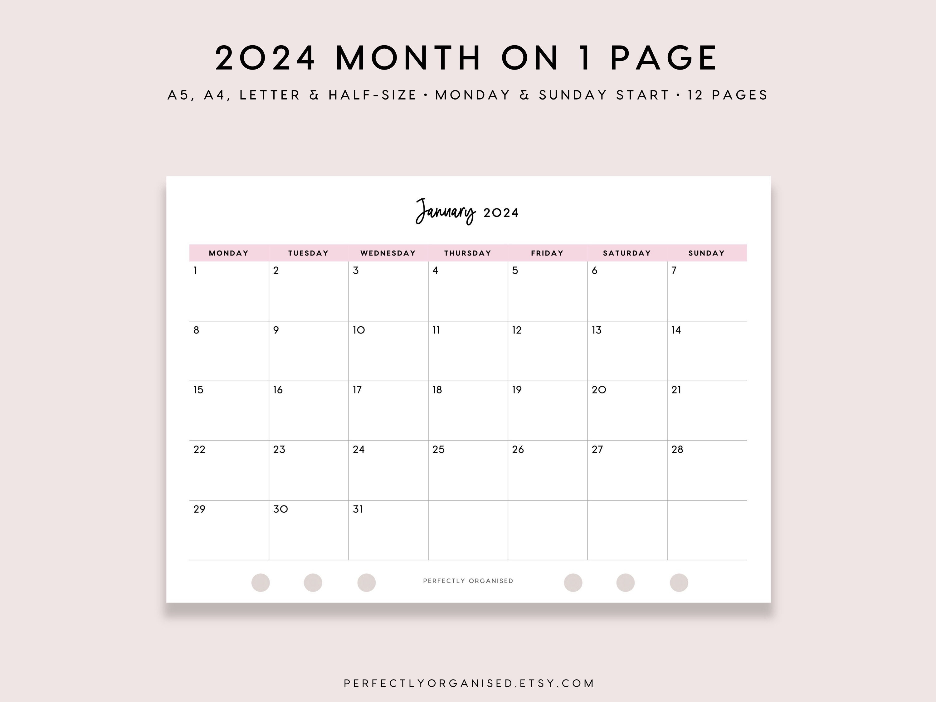 PRINTABLE 2024 Month on 1 Page 2024 Monthly Planner 2024 - Etsy