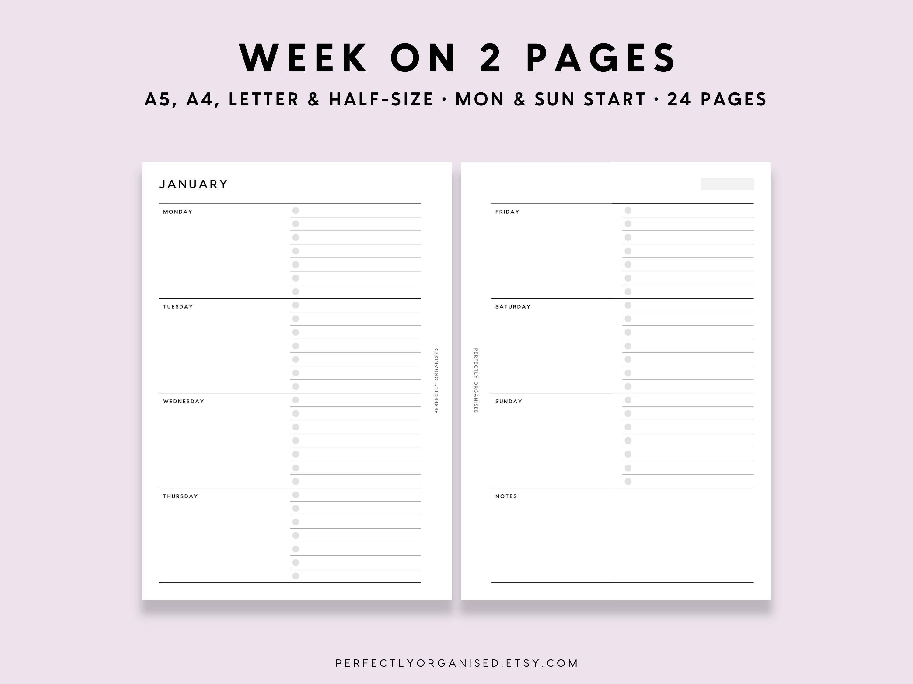 Week on 2 Pages Printable: Weekly Planner Pages (A5 A4 Letter PDF) - Etsy