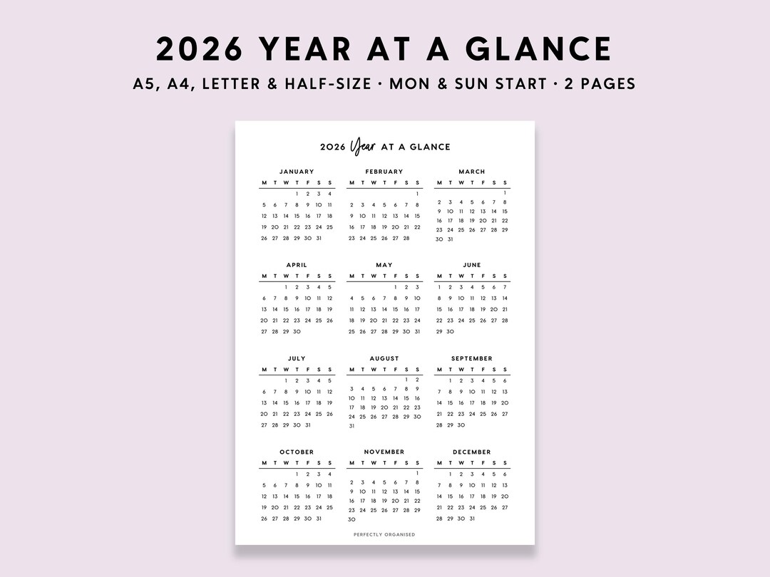 2026 Yearly Calendar Printable: Year at A Glance, Important Dates (A5 ...