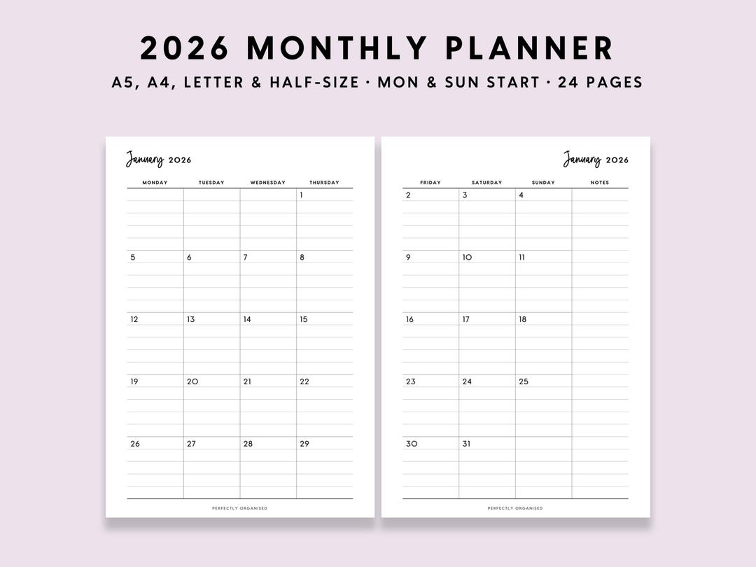 2026 Monthly Planner Printable: Lined Month on 2 Pages (A5 A4 Letter ...