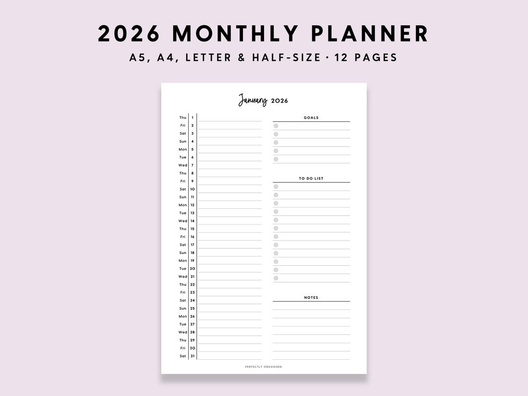2026 Monthly Planner Printable: Month at A Glance (A5 A4 Letter PDF) - Etsy