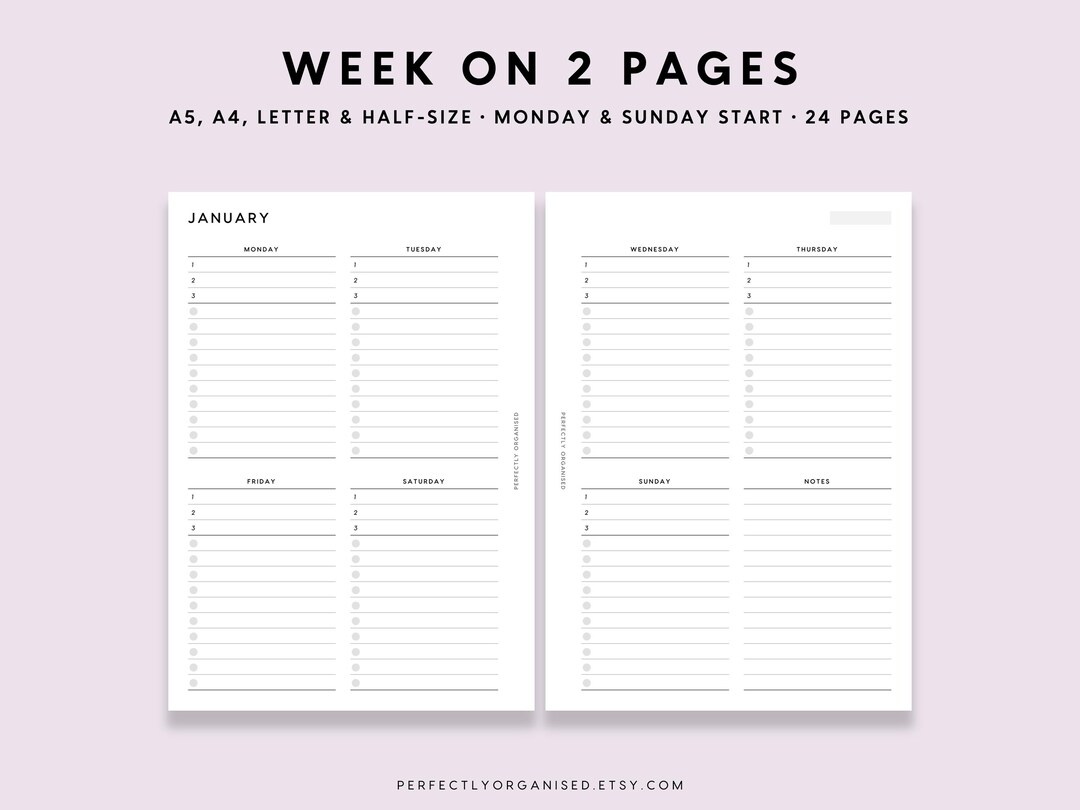 Week on 2 Pages Printable: Weekly Planner Pages (A5 A4 Letter PDF) - Etsy