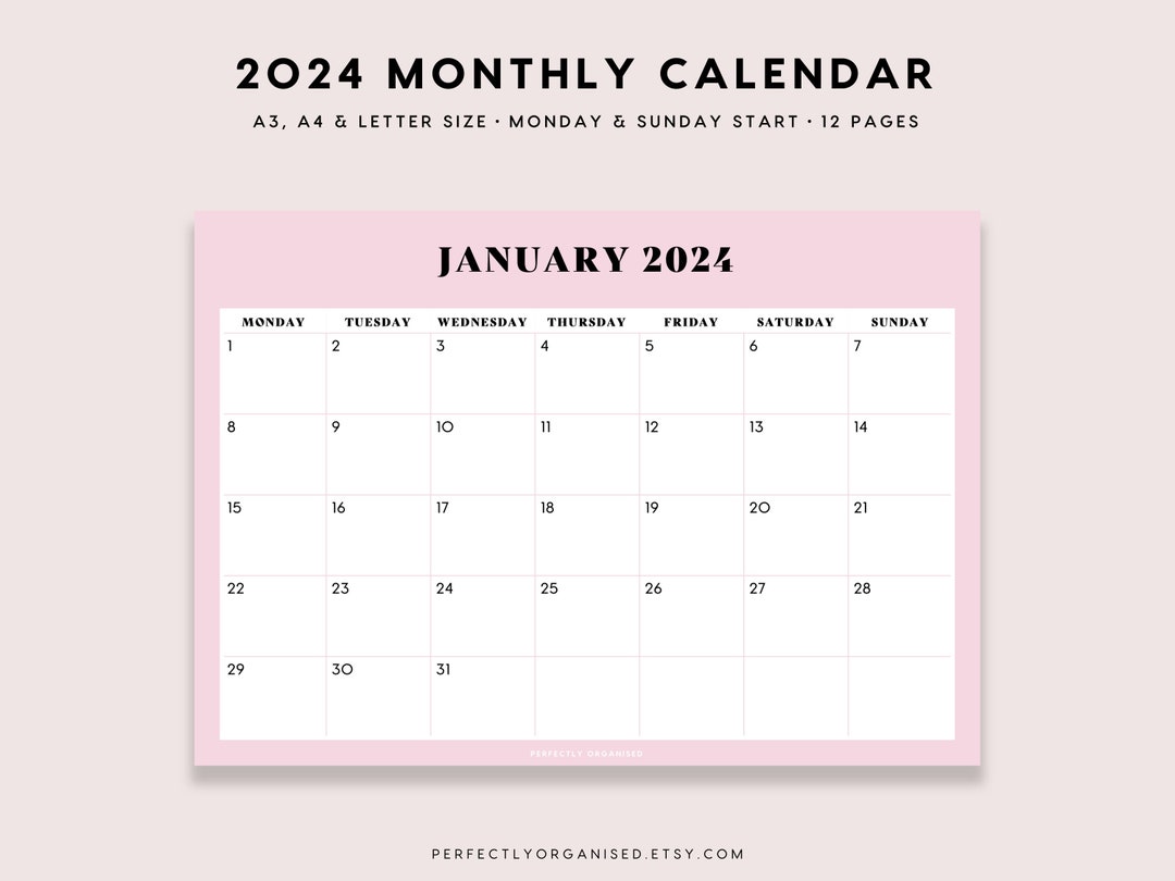 PRINTABLE 2024 Calendar 2024 Wall Calendar Printable, 2024 Desk ...