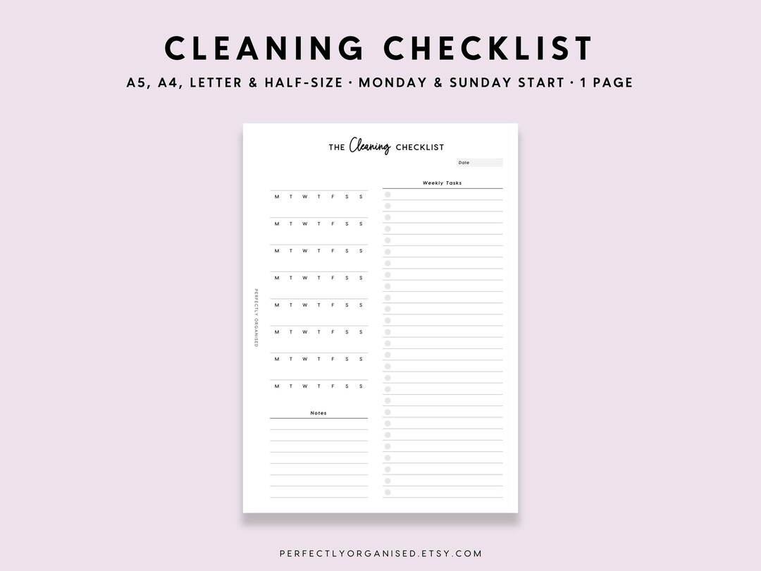 Cleaning Checklist Printable: Home Cleaning Page (A5 A4 Letter PDF) - Etsy