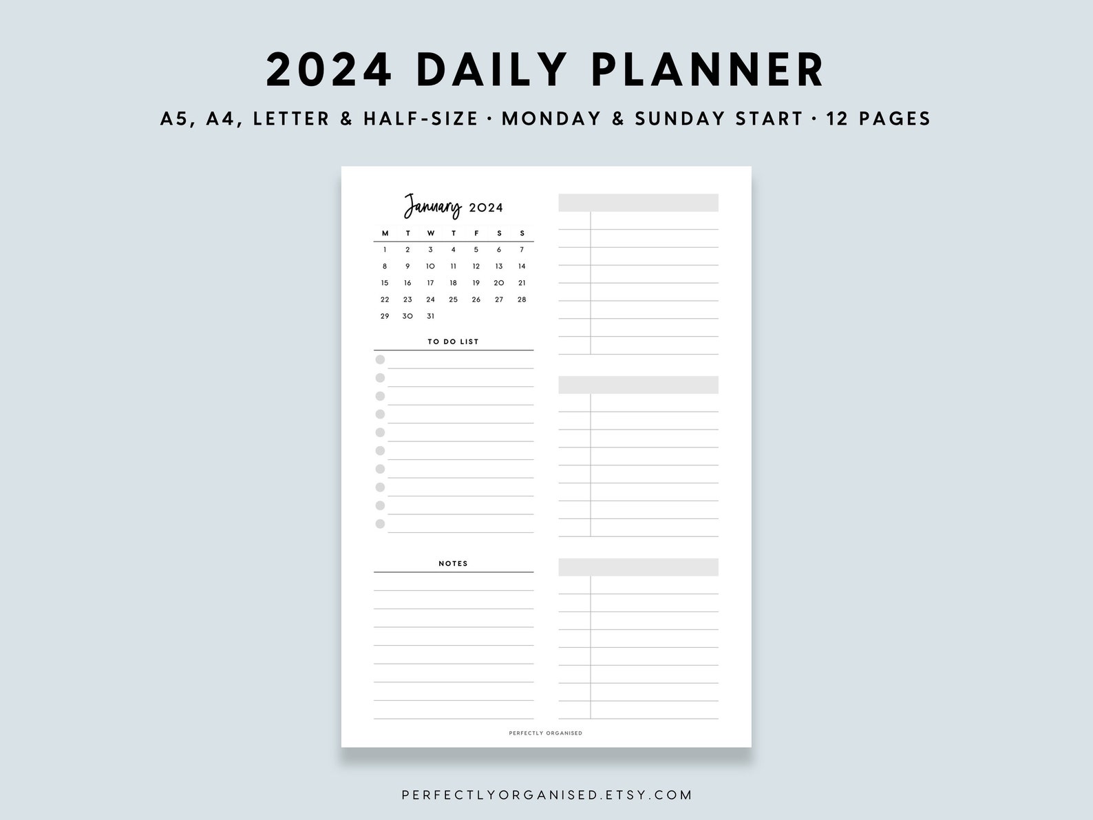 PRINTABLE 2024 Day on 1 Page 2024 Daily Planner, 2024 Daily Pages, 2024 ...