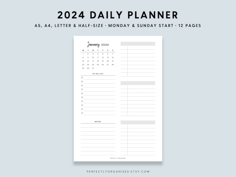 PRINTABLE 2024 Day on 1 Page 2024 Daily Planner, 2024 Daily Pages, 2024 ...