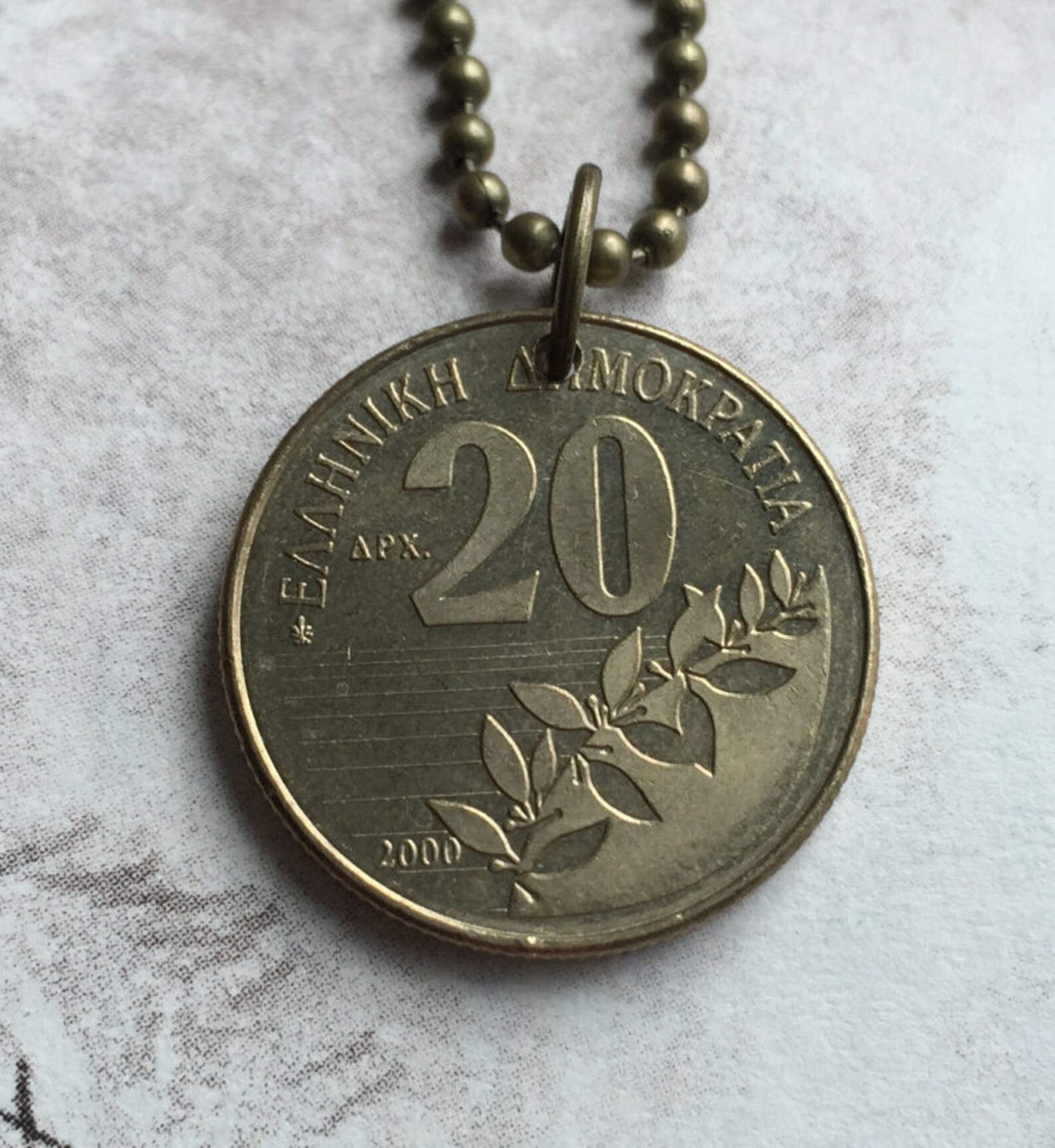 GREECE 2000 GREEK Eaahnikh Ahmokpatia Coin Pendent on a 24 Inch Chain ...