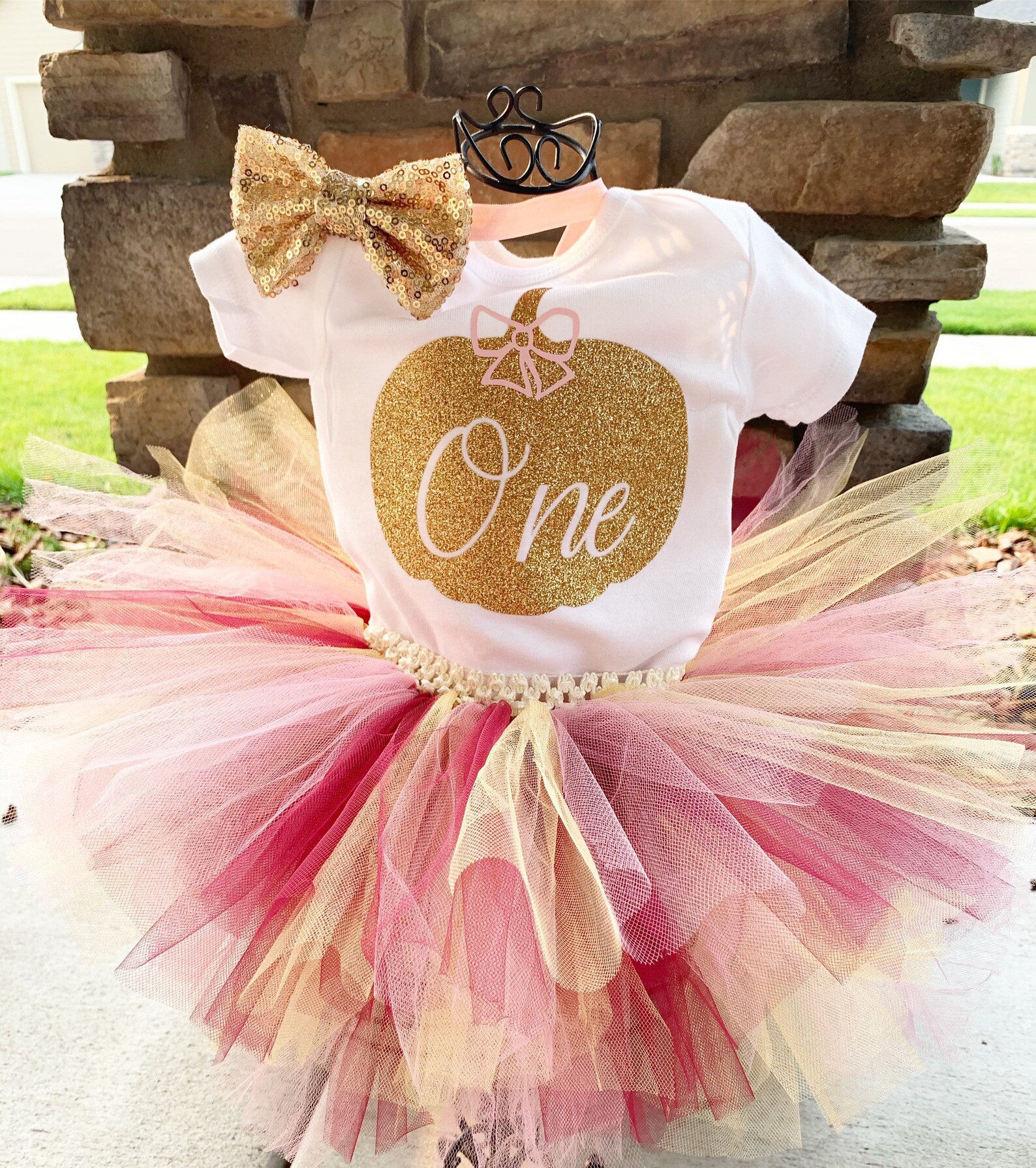 Pink and Gold Maroon Pumpkin First Birthday Outfit October 1st Birthday ...
