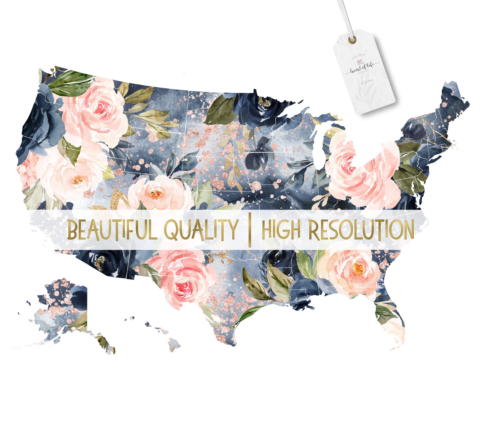 America Print Blush Pink and Navy Map United States Printable - Etsy