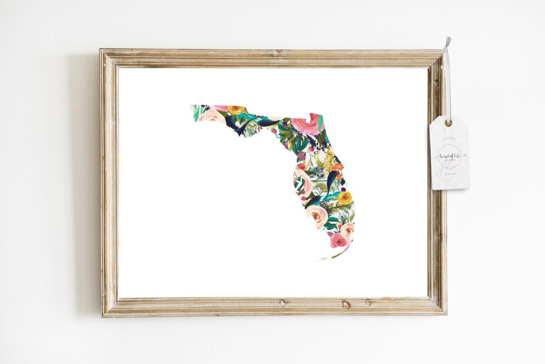 Stylish Floral Florida Map Art Printable - Unique State Silhouette for ...
