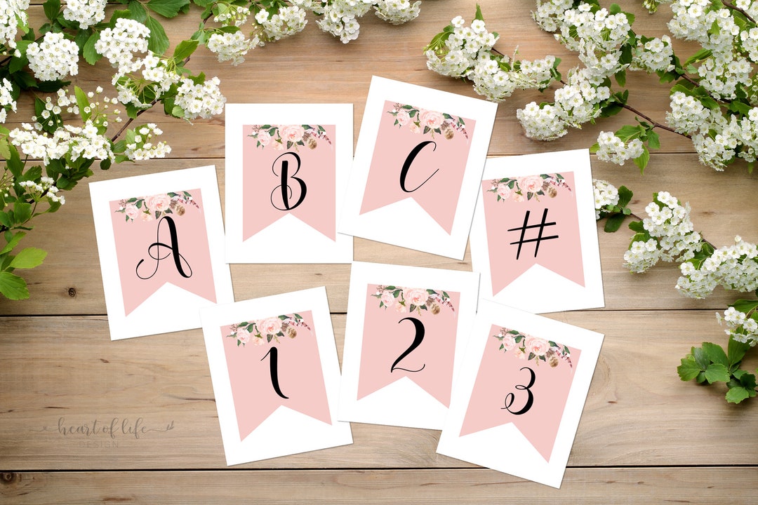 Pink Floral Party Banner: Alphabet & Numbers Printable (digital ...
