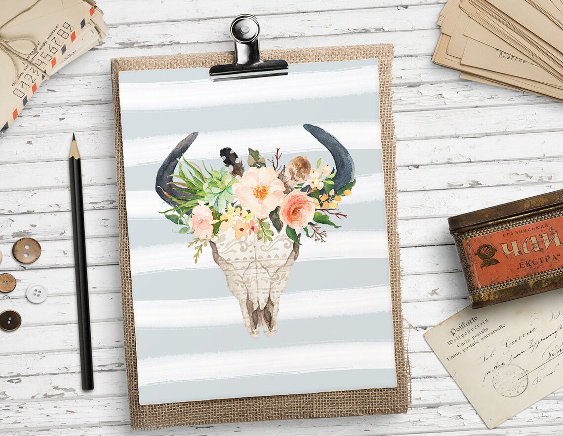 Bull Head Wall Art Print Printable Bull Skull Art Watercolor - Etsy