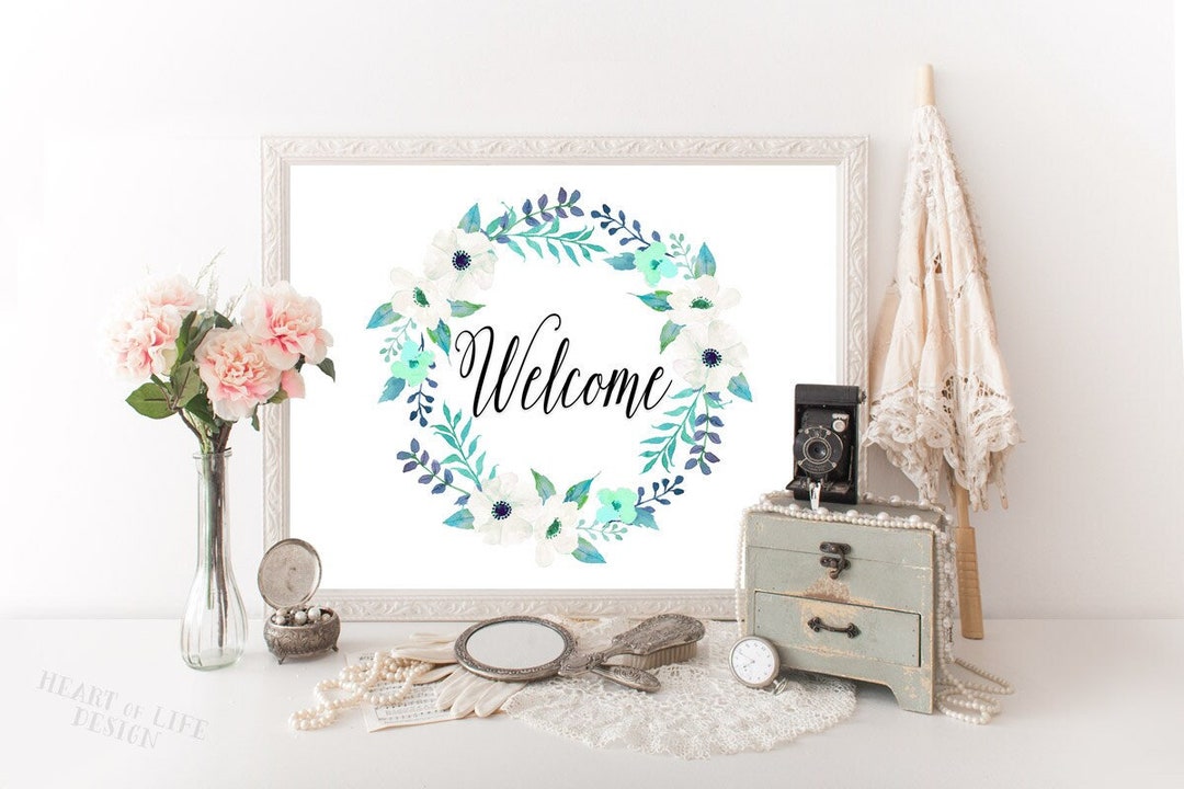 Welcome Sign Printable Blue Welcome Art Print Watercolor Wreath ...