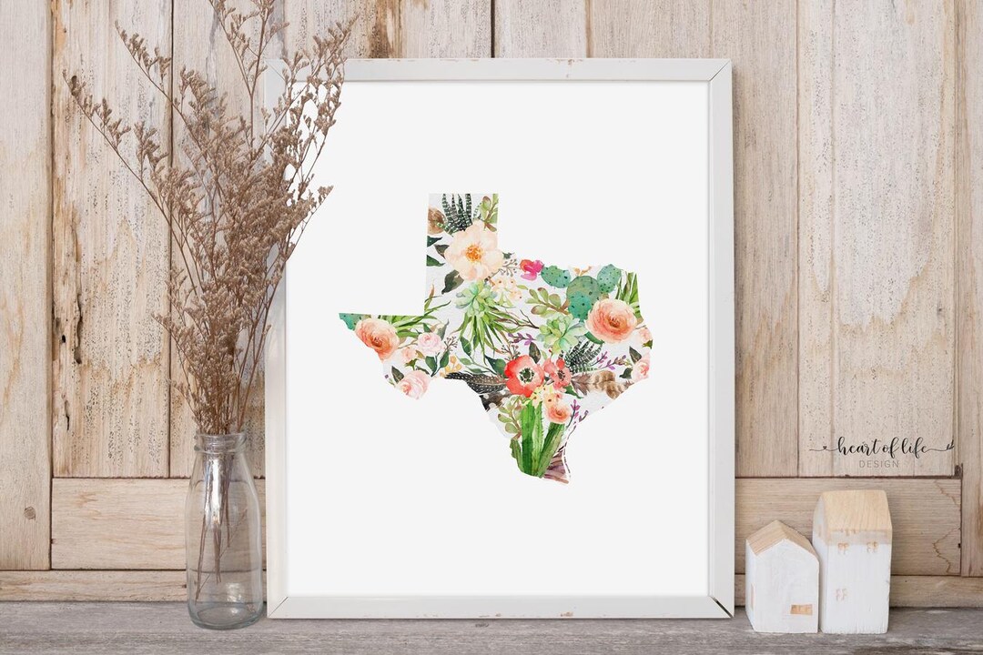 Floral Texas State Art Print: Watercolor Map (digital Download) - Etsy