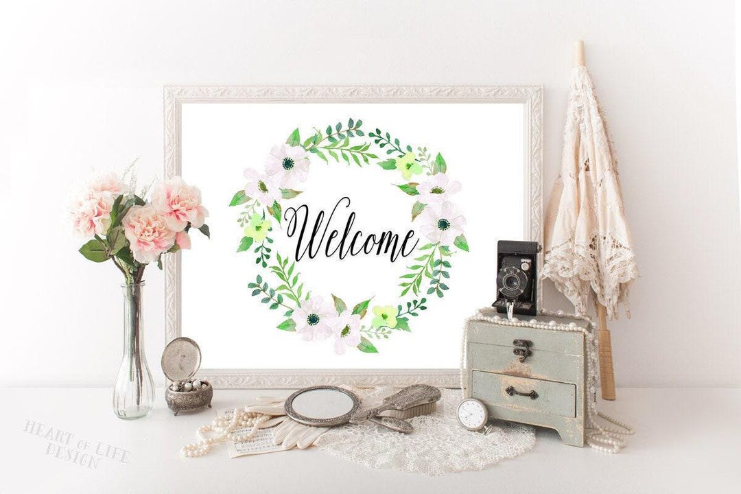 Welcome Sign Printable - Green Watercolor Floral Wreath Welcome Sign ...