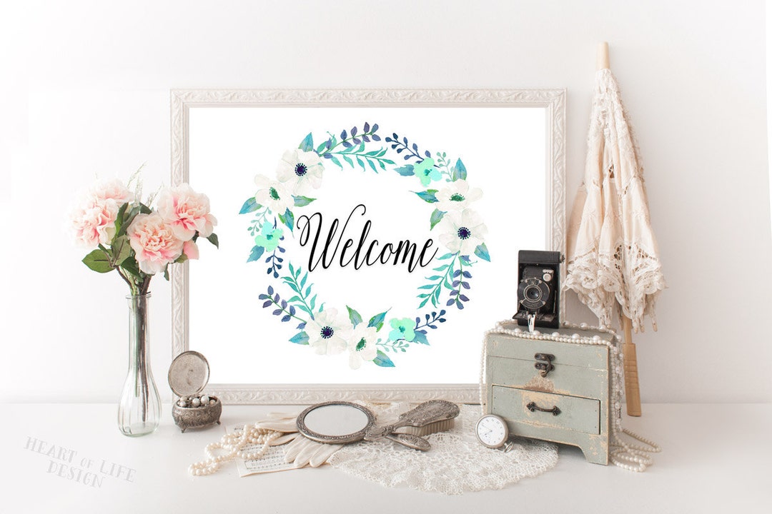 Welcome Sign Printable Blue Welcome Art Print Watercolor - Etsy