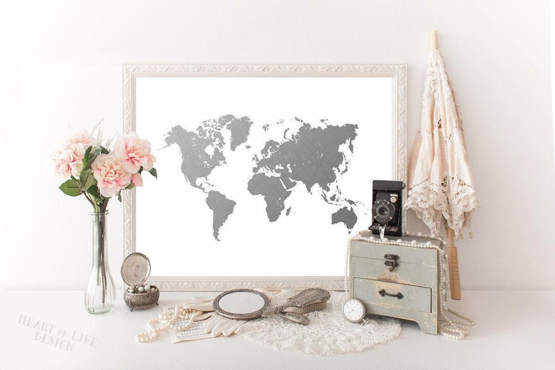 Silver World Map Printable – Travel Nursery Wall Art Download ...