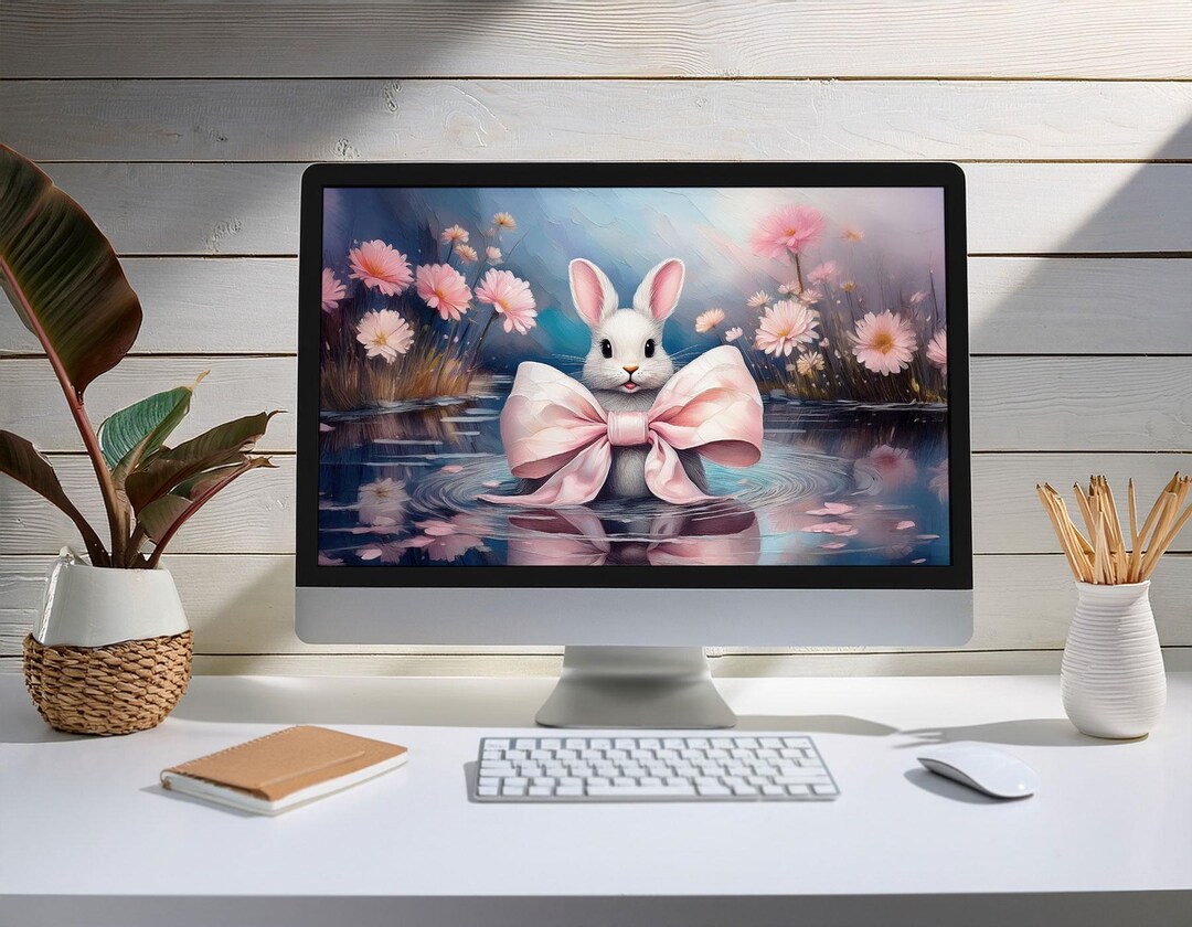 Bunny Desktop Wallpaper – Adorable Floral Rabbit With Bow – Whimsical ...