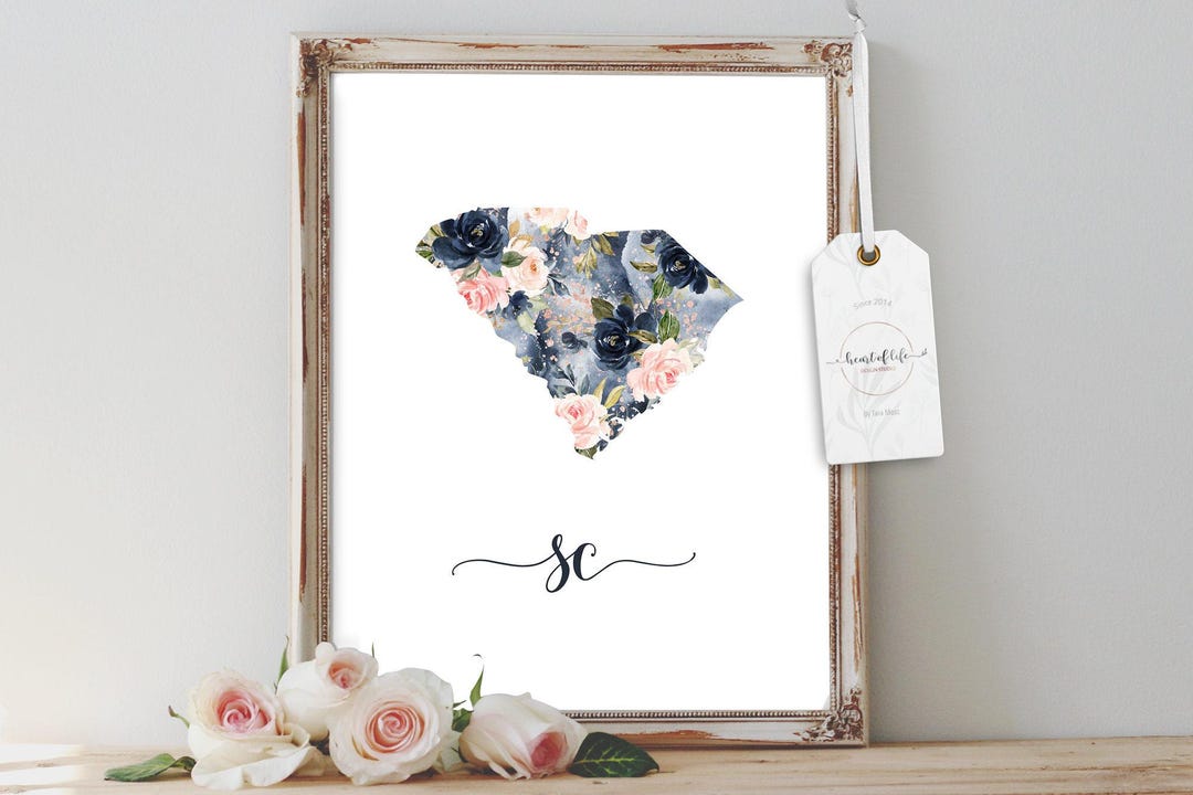 South Carolina State Printable Wall Art – Watercolor Floral Silhouette ...