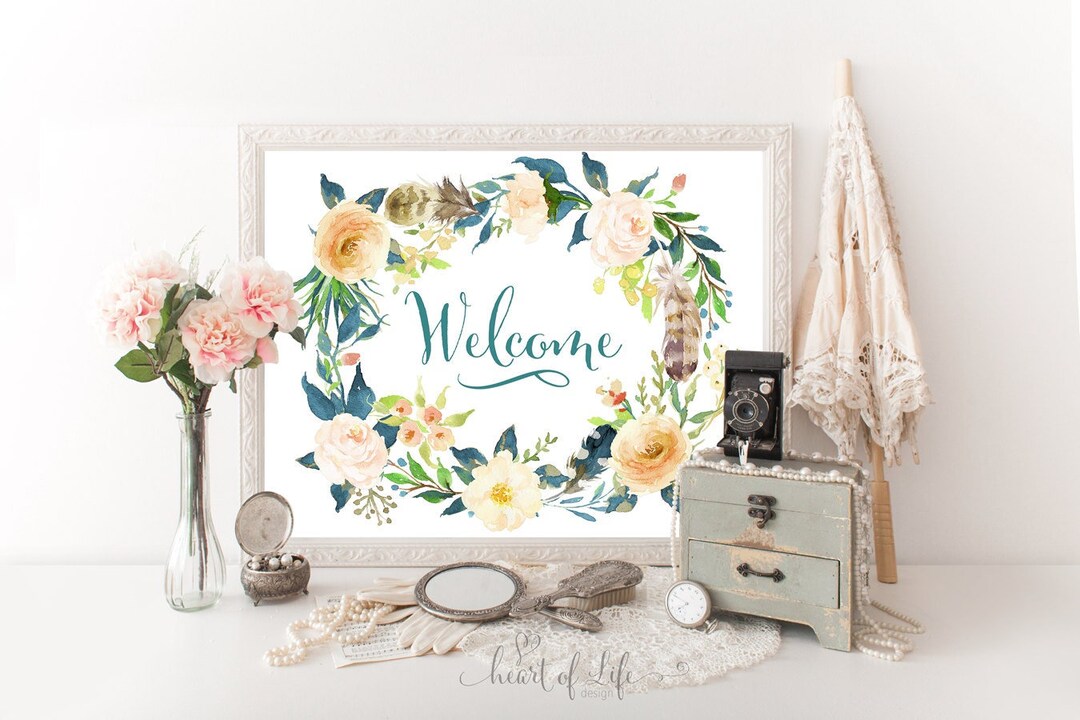 Printable Welcome Sign Floral Guest Bedroom Wall Art Blue and Green ...