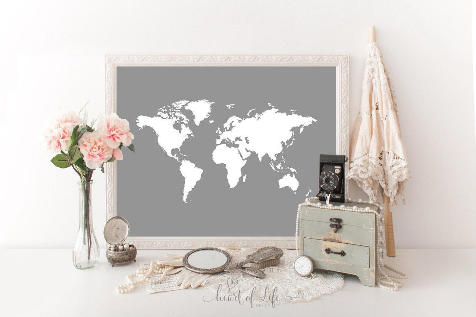 World Map Wall Art Printable – Grey and White Travel Decor | Minimalist ...