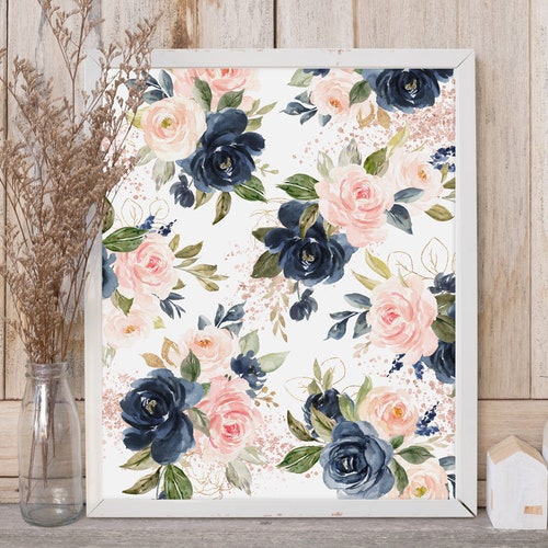Set of 2 Pink Navy Floral Prints Floral Nursery Wall Art - Etsy