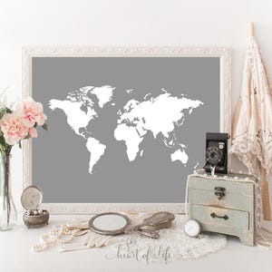 World Map Wall Art Printable – Grey and White Travel Decor | Minimalist ...