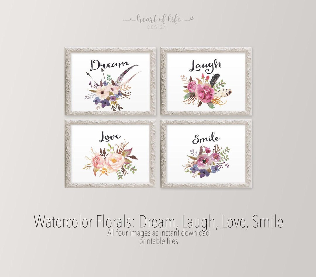 Set of Four 5x7 Printable Art Prints Dream Laugh Love Smile Watercolor ...