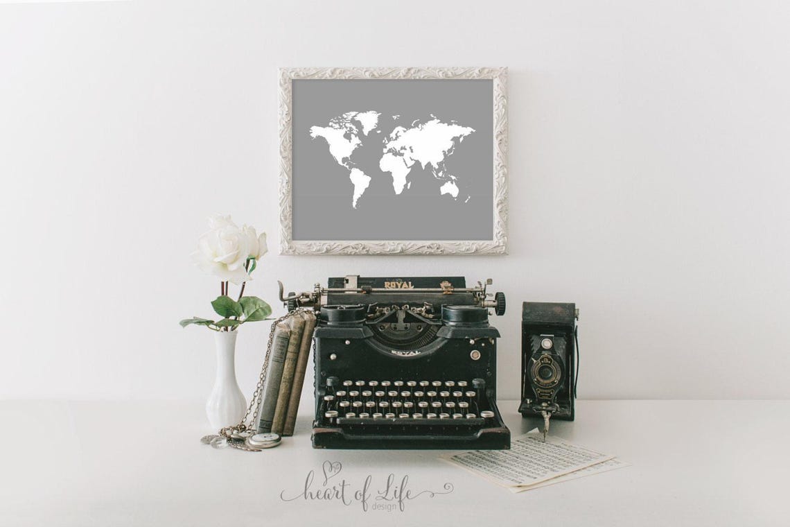 World Map Wall Art Printable – Grey and White Travel Decor | Minimalist ...