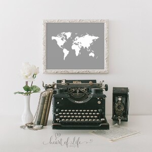 World Map Wall Art Printable – Grey and White Travel Decor | Minimalist ...
