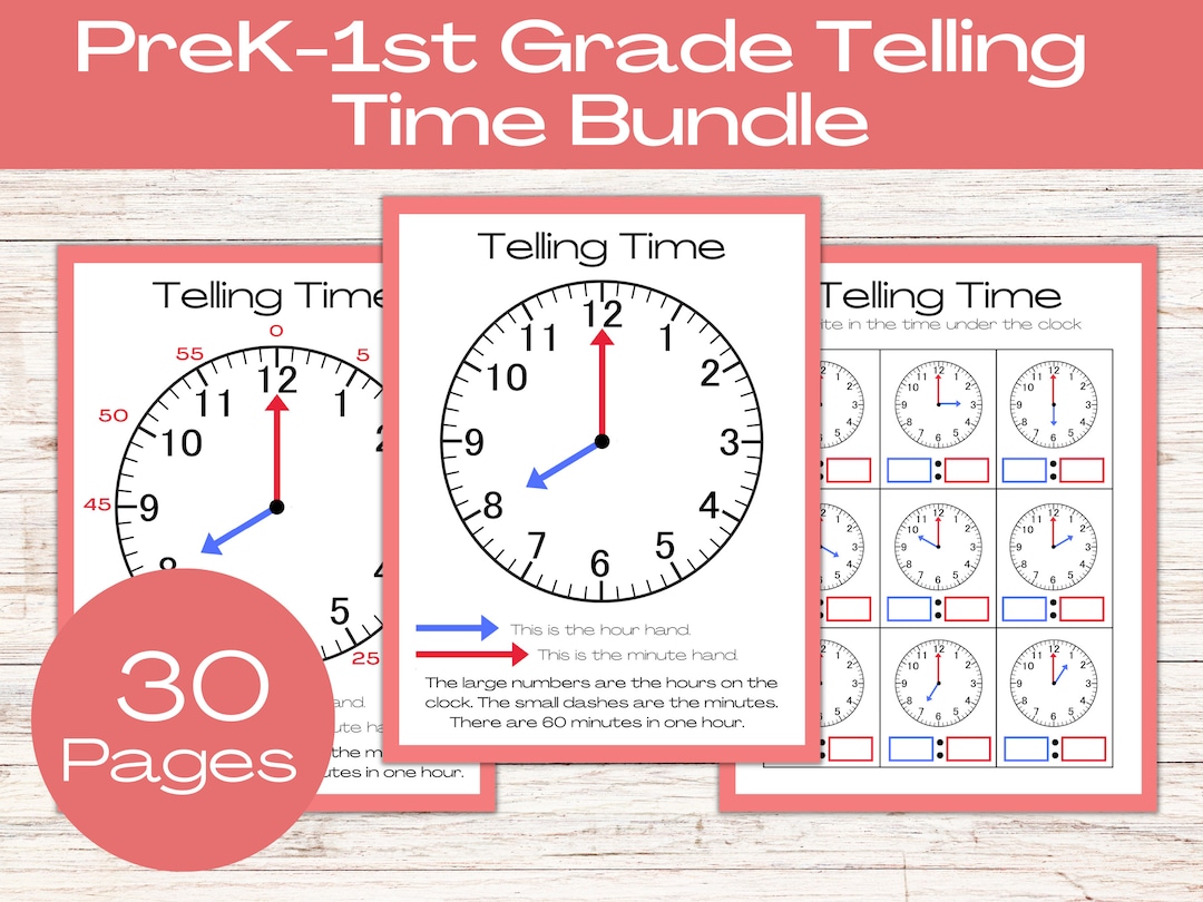 Telling Time Worksheets: Prek-1st Grade Math (digital Download) - Etsy