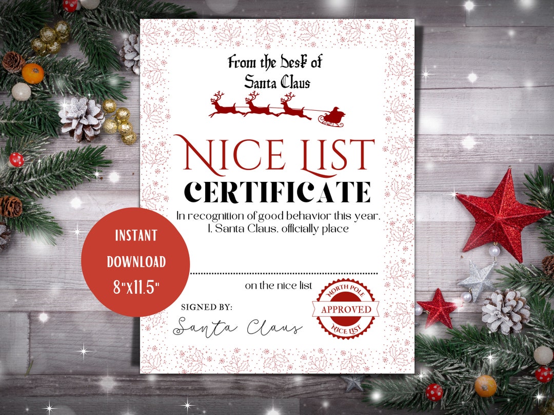 NICE LETTER CERTIFICATE Printable Letter From Santa - Etsy