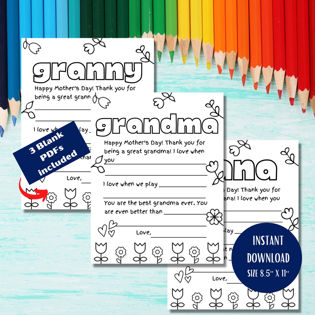 Mother's Day Coloring Card for Grandma, Printable Mother's Day Card ...