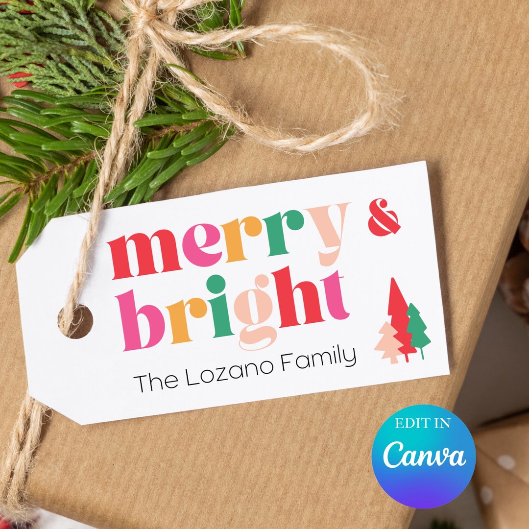 Editable Merry & Bright Christmas Gift Tags, Printable Holiday Labels ...