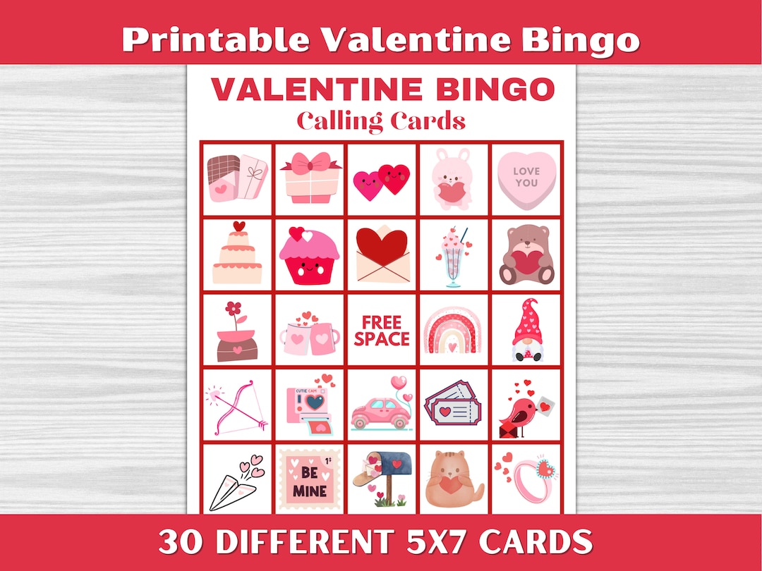 30 VALENTINE BINGO PRINTABLE, Valentine's Day Kids Activity, Valentine ...