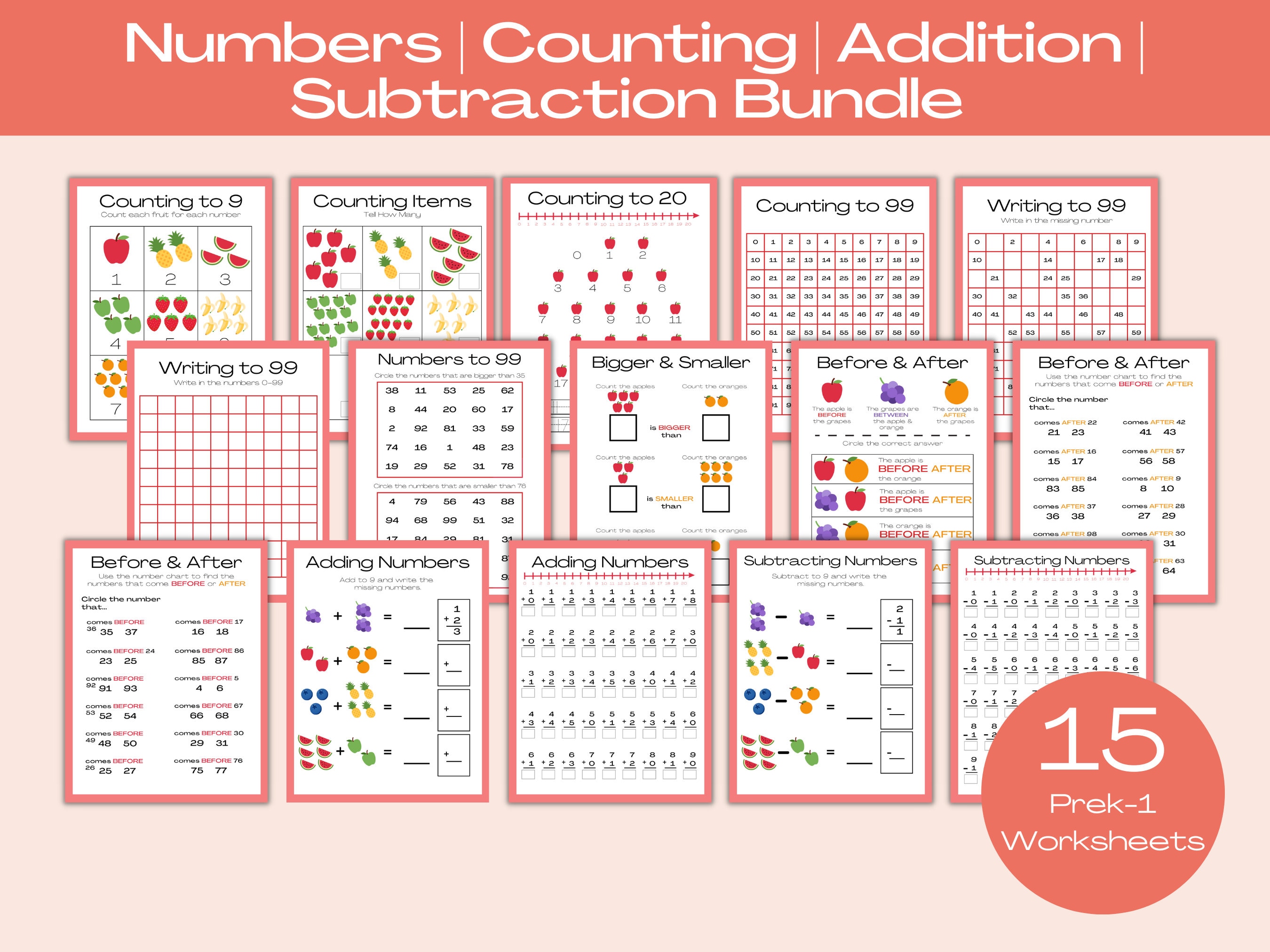 Prek Math Worksheets: Counting, Addition & Subtraction (digital ...