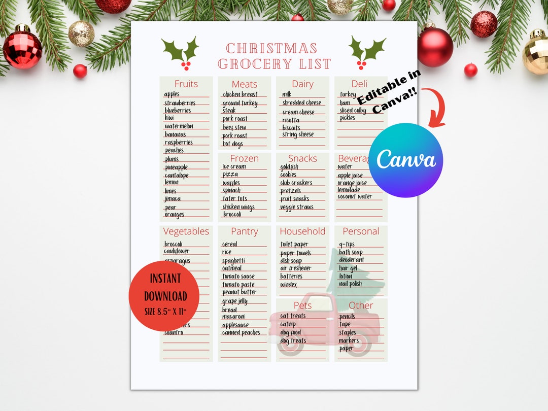 Christmas Grocery List Printable, Editable Shopping List Template ...